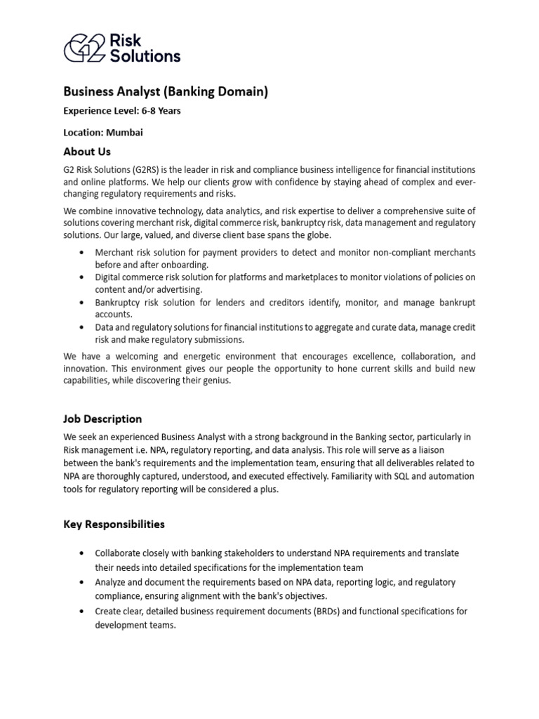JD - Business Analyst - Fintellix | PDF | Regulatory Compliance | Data
