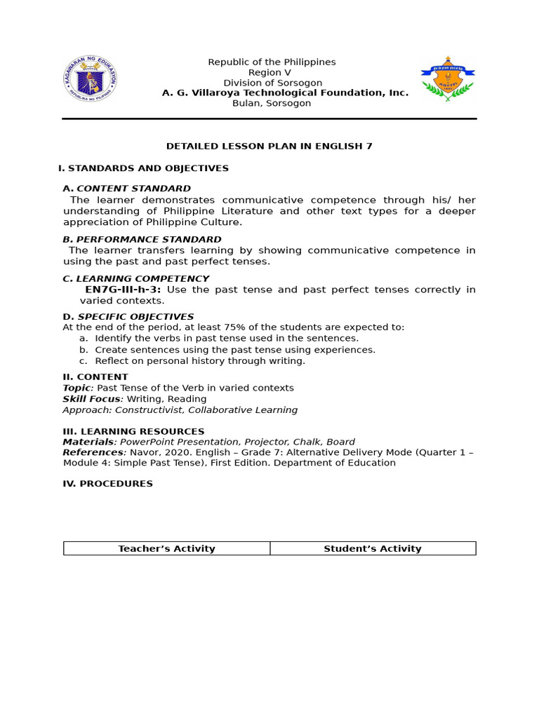 3Ps Lesson Plan: Past Tense Focus | PDF | Grammatical Tense | Lesson Plan