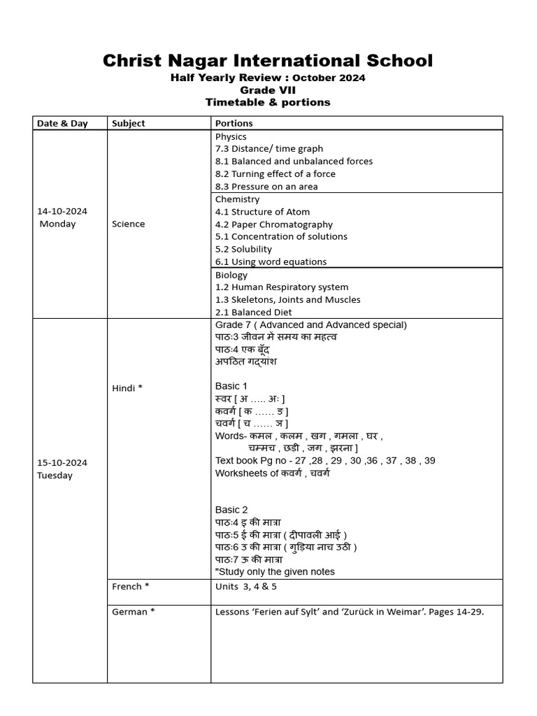 Grade 7- Half Yearly Review timetable & portion 2024-25.docx (1) | PDF
