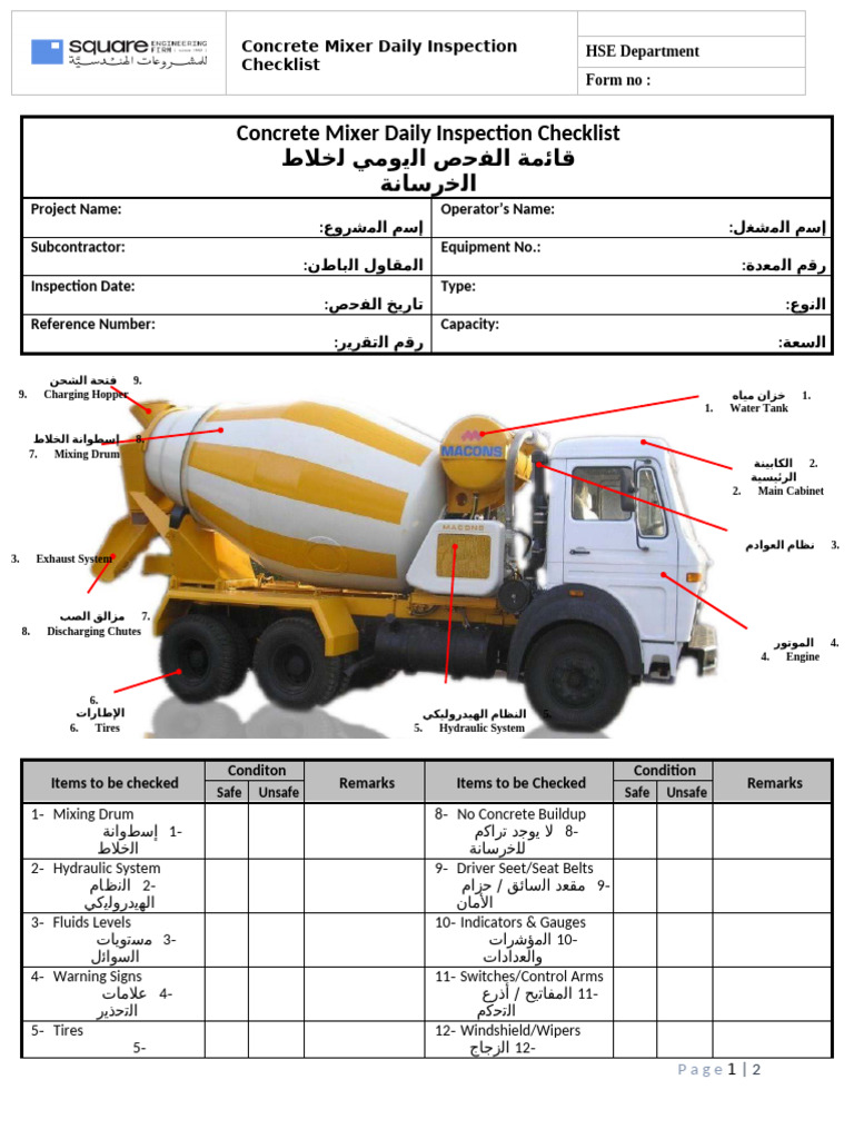 15 - Concrete Mixer Inspection Checklist | PDF | Motor Vehicle | Vehicles