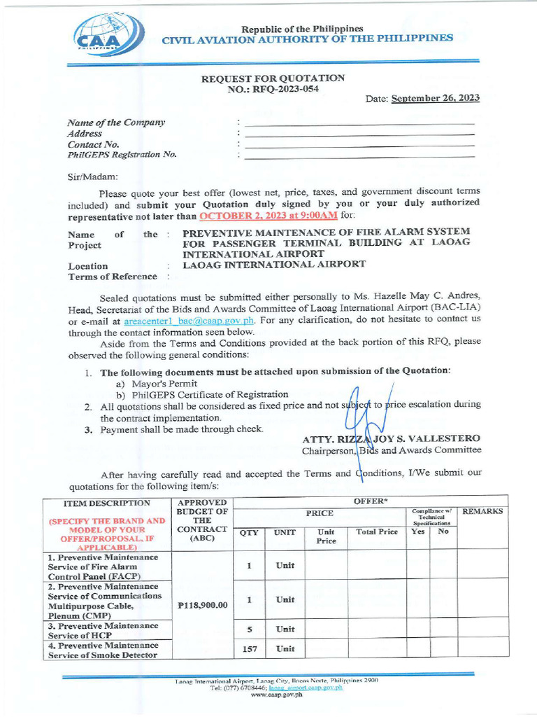 RFQ 2023 054 Preventive Maintenance of Fire Alarm System For Passenger ...