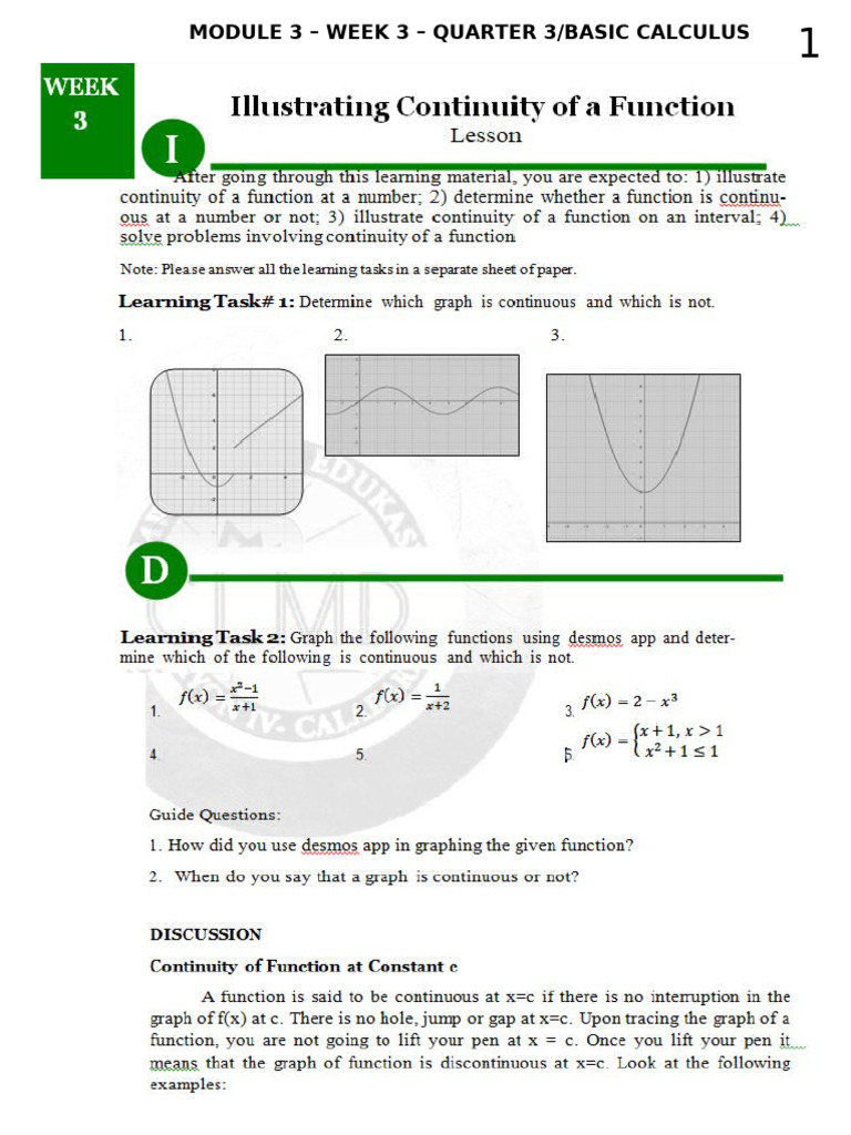 Basic Calculus Module 3 - Week 3 - Q3 - Continuity of a Function | PDF
