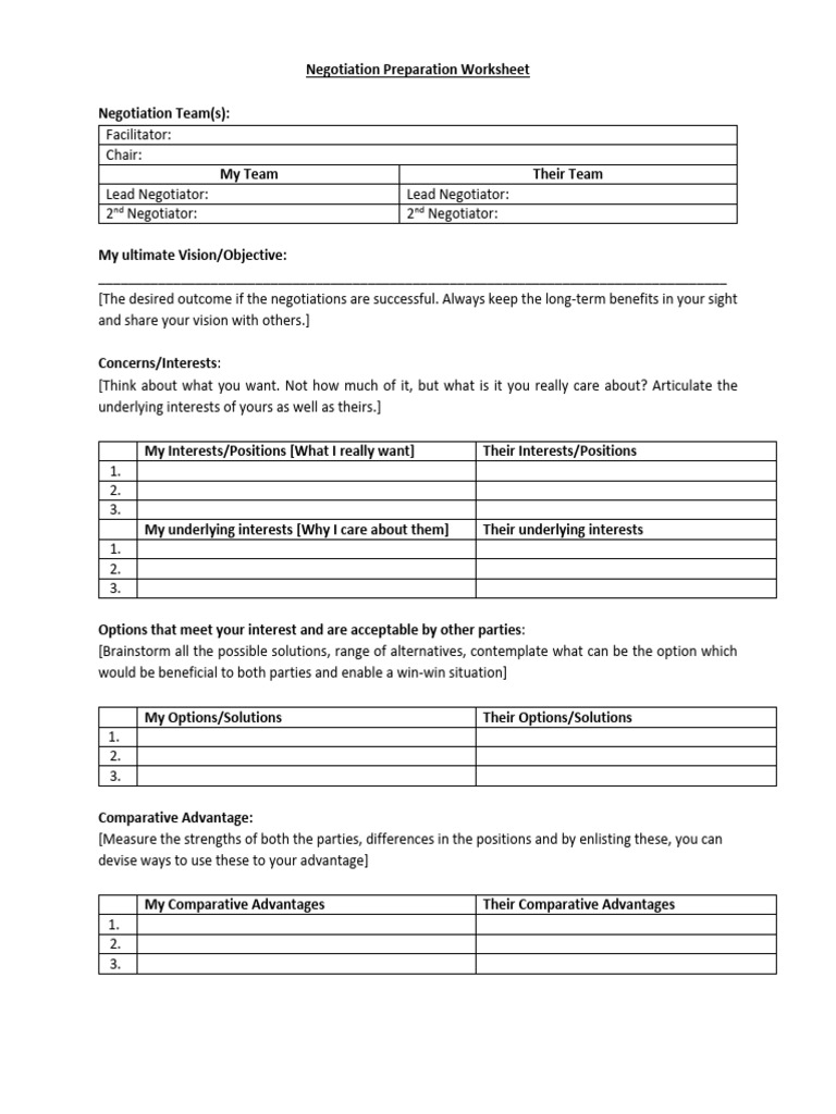 Negotiation Preparation Worksheet | PDF