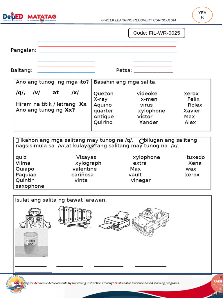 8WK Worksheet W X Year 25 | PDF
