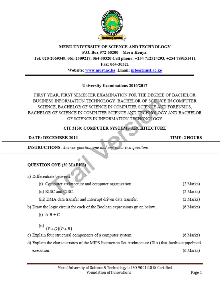 Computer Systems Architecture Exam | PDF | Central Processing Unit ...