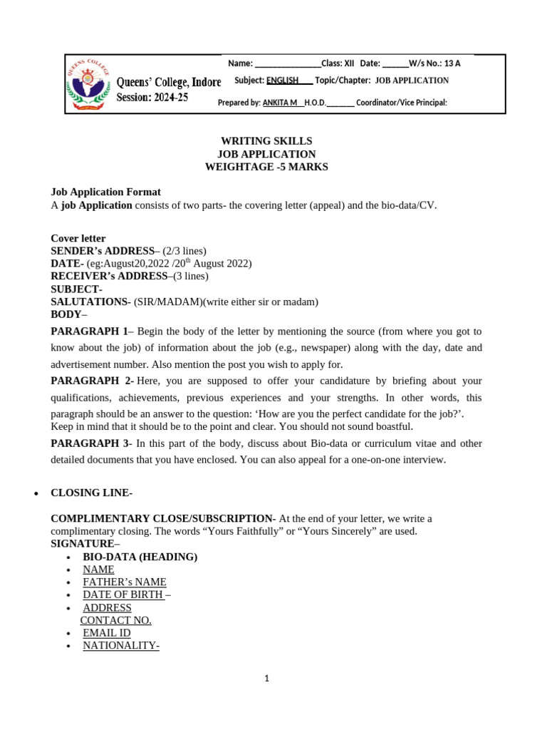 Job Application Class Xii | PDF