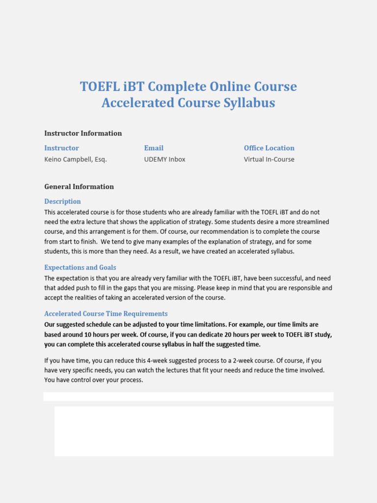 TOEFL IBT Accelerated Complete Online Course Syllabus | PDF | Lecture | Essays