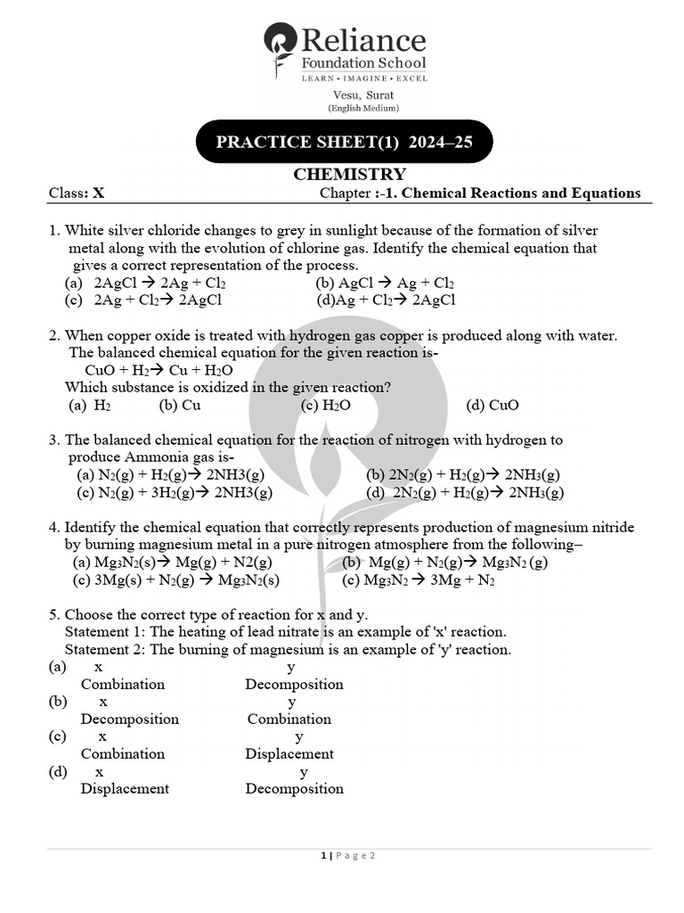 Class 10 Ch.1 Practice Sheet(1) | PDF | Oxide | Redox