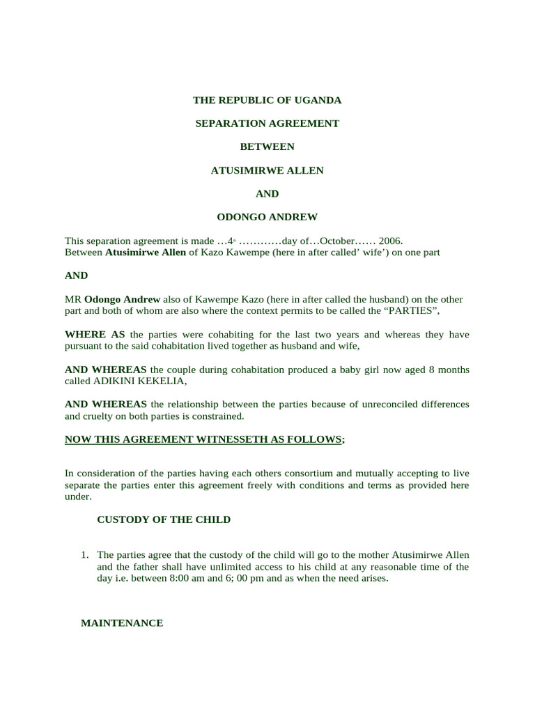 Separation Agreement Pdf Bed Justice