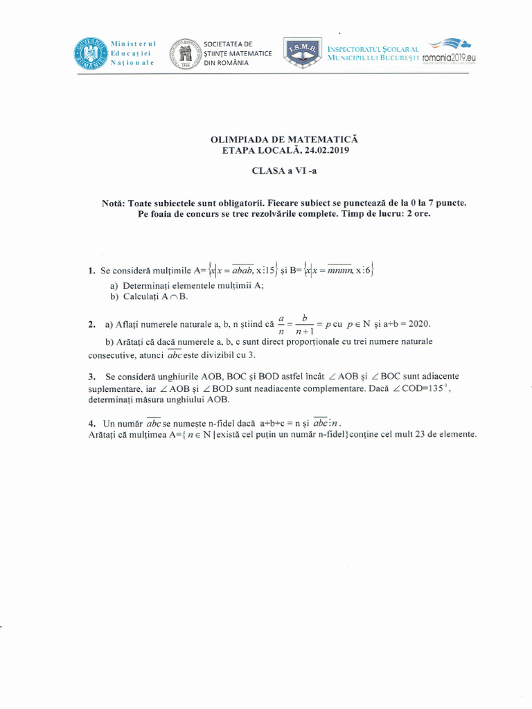 SUBIECTE BAREM2019 cl6 | PDF