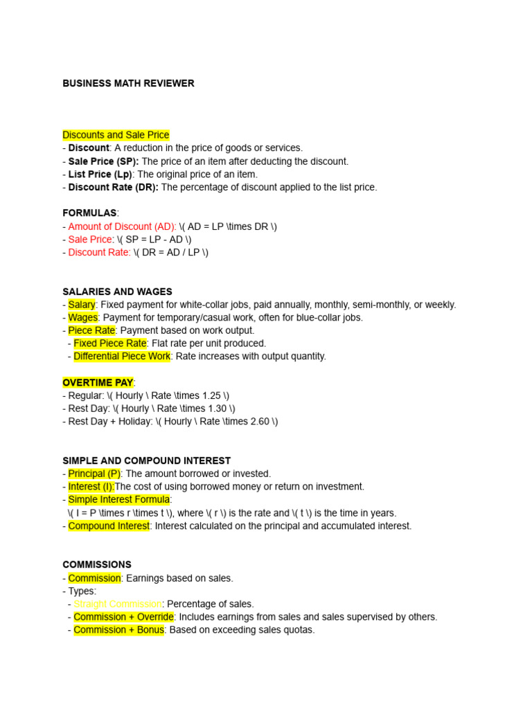 BUSINESS MATH REVIEWER | PDF | Interest | Piece Work
