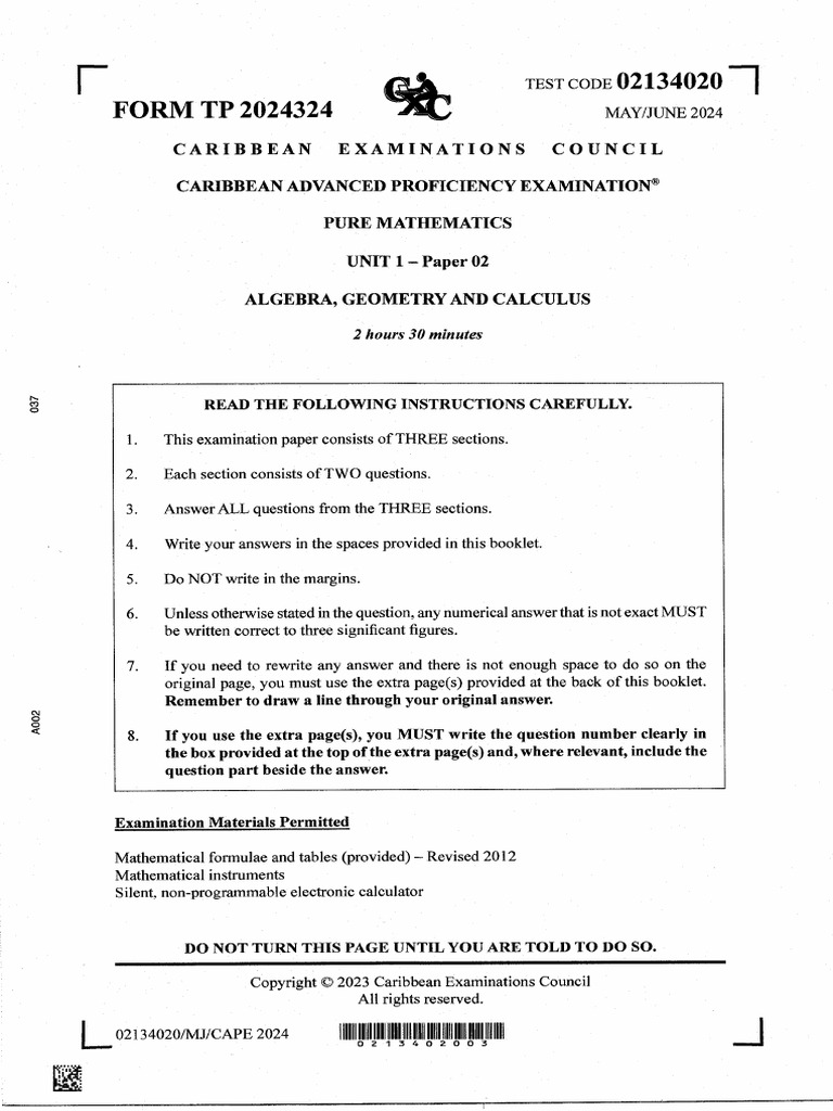 Cape Pure Mathematics 2024 U1 p2 | PDF