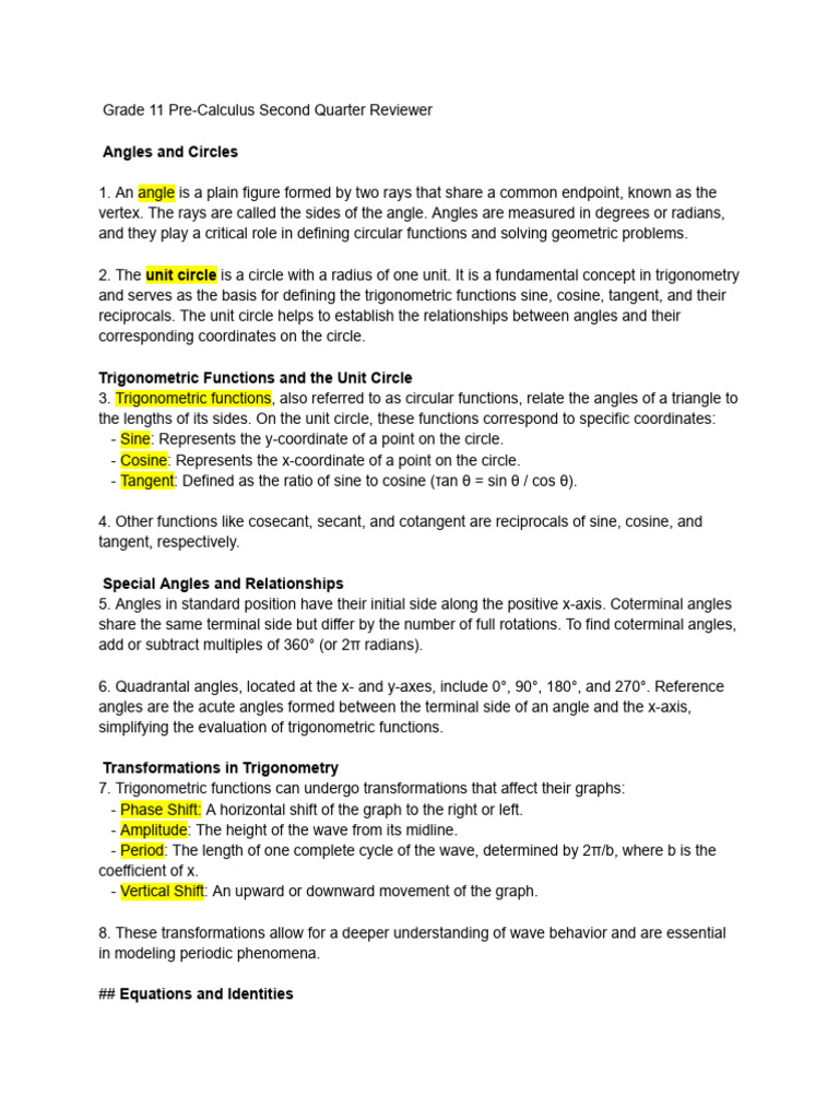 Grade 11 Pre-Calculus Trigonometry Guide | PDF | Trigonometric ...