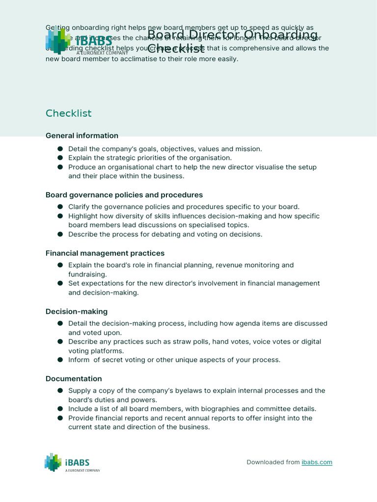 Board Director Onboarding Checklist | PDF | Governance