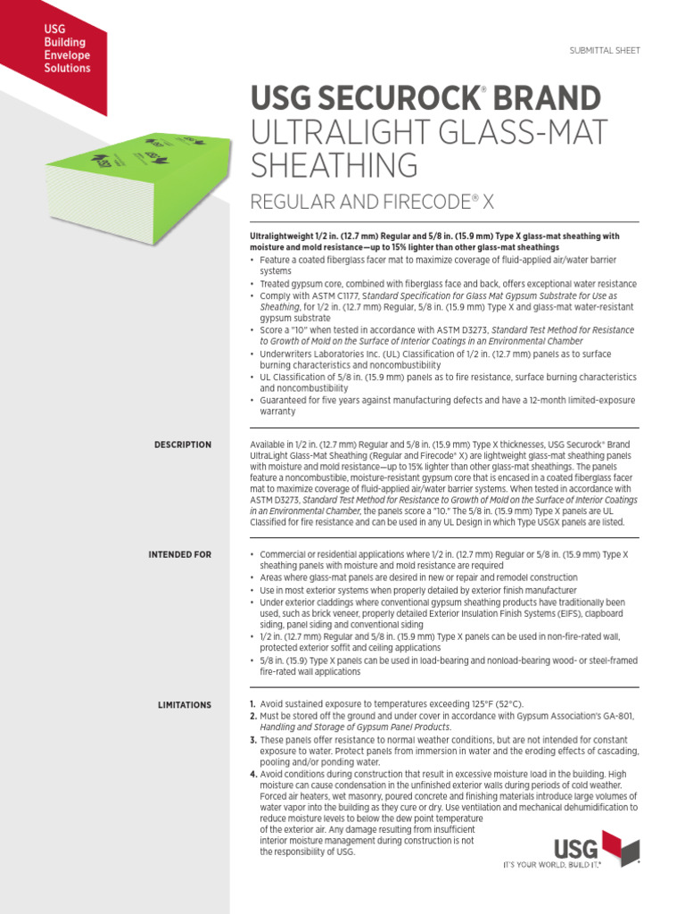 Usg Securock Ultralight Glass Mat Sheathing Firecode X WB2862 Usa Eng ...