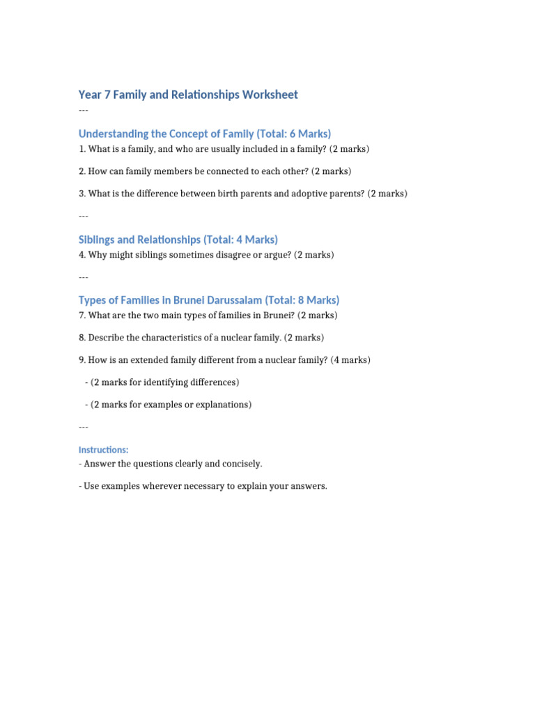 Year 7 Family and Relationships Worksheet | PDF