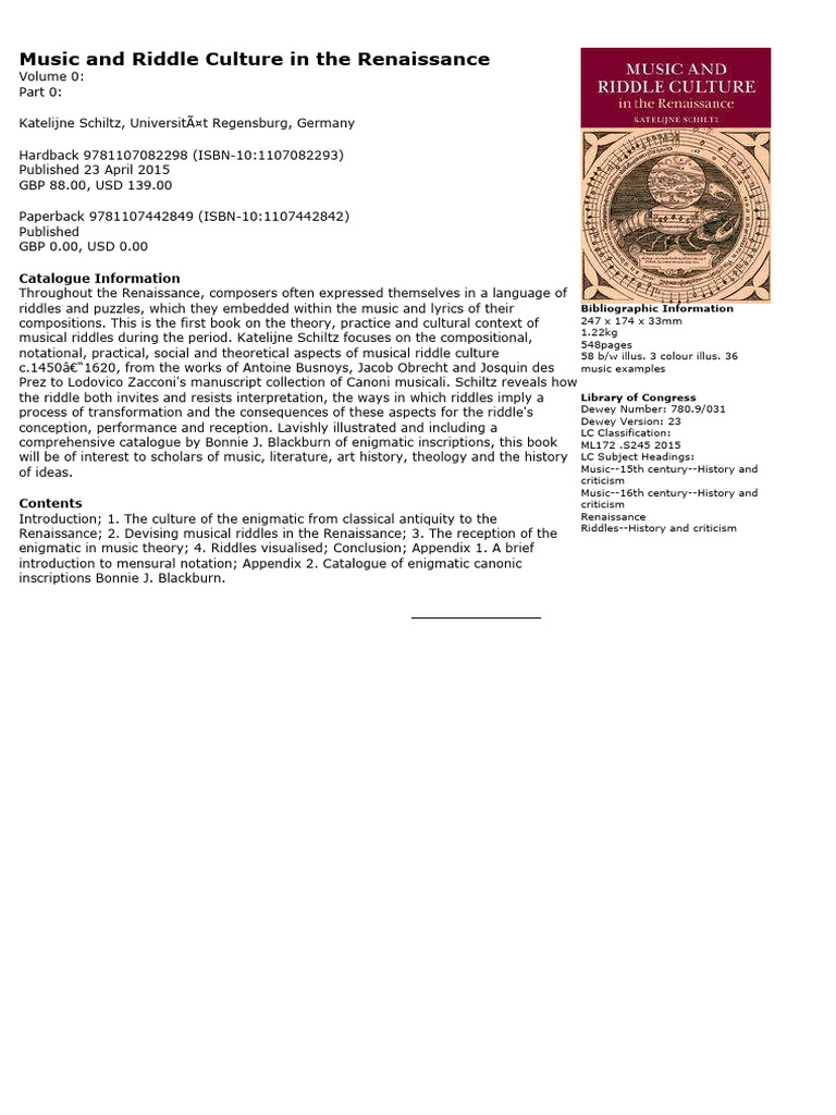 Music and Riddle Culture in The Renaissa | PDF