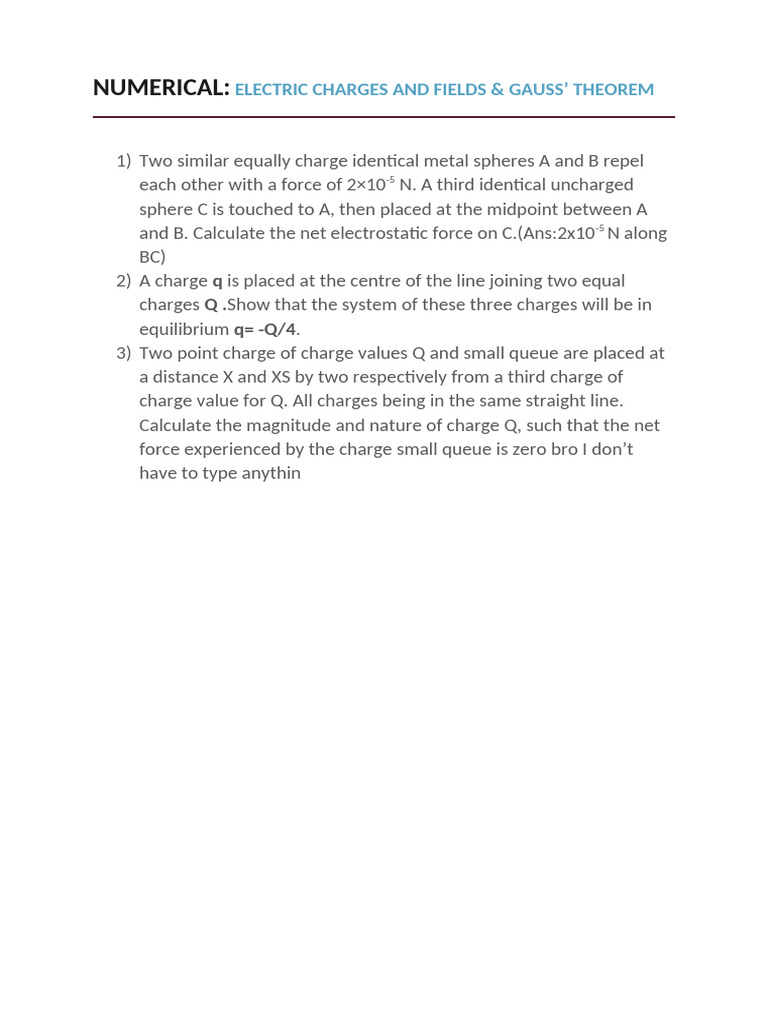 Numericals Electric Fields and Gauss' Theorem | PDF