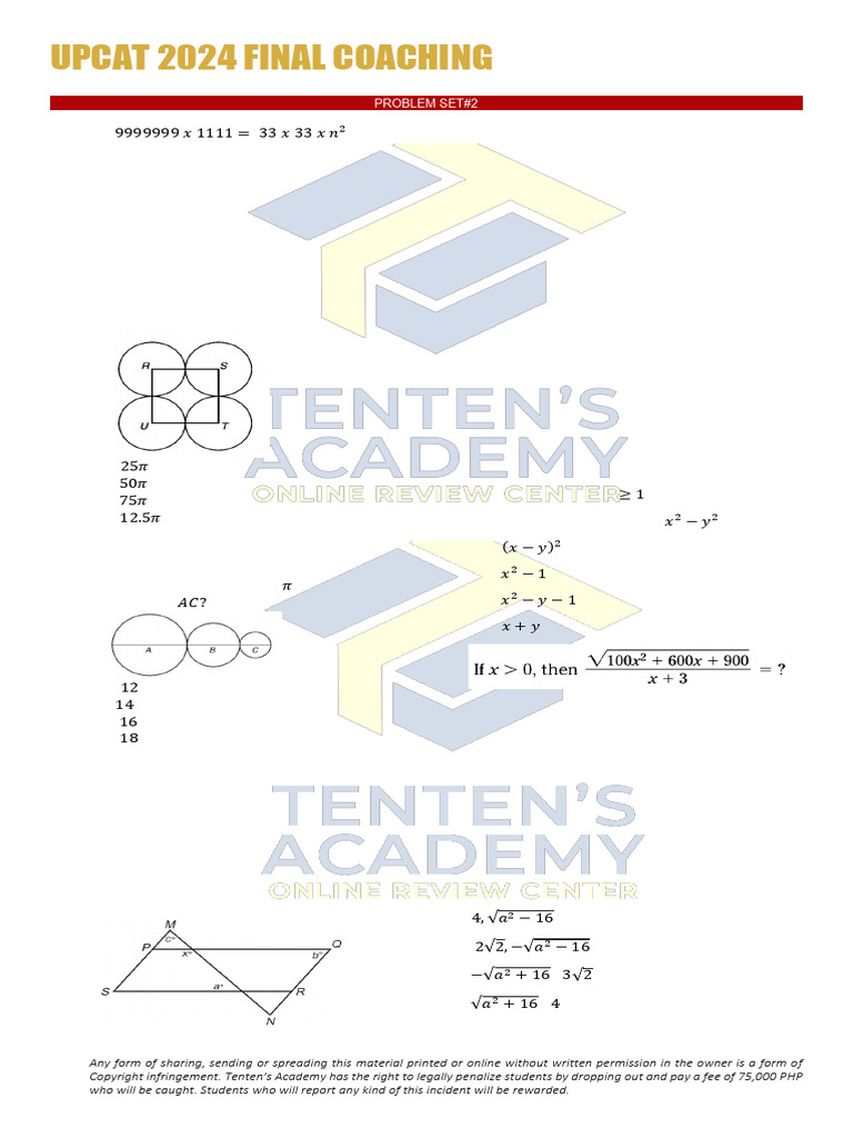UPCAT Mathematics Problem Set2 Questions | PDF | Area | Mathematics