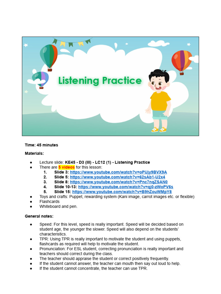 ESL Listening Practice Lesson Plan | PDF
