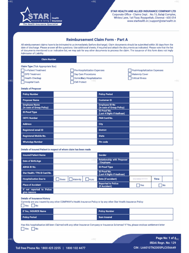 Stat Health Mediclaim Form Part A | PDF