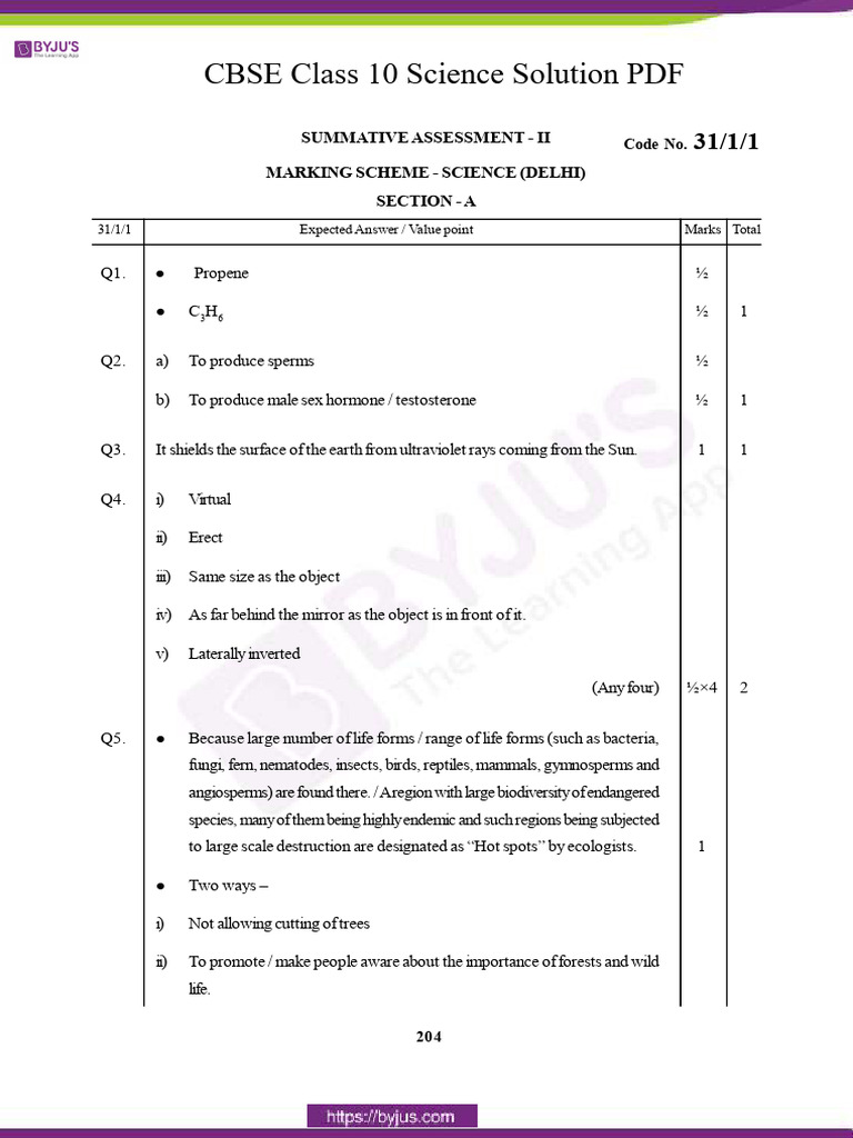 CBSE Class 10 Science Marking Scheme | PDF | Chemical Bond | Mirror