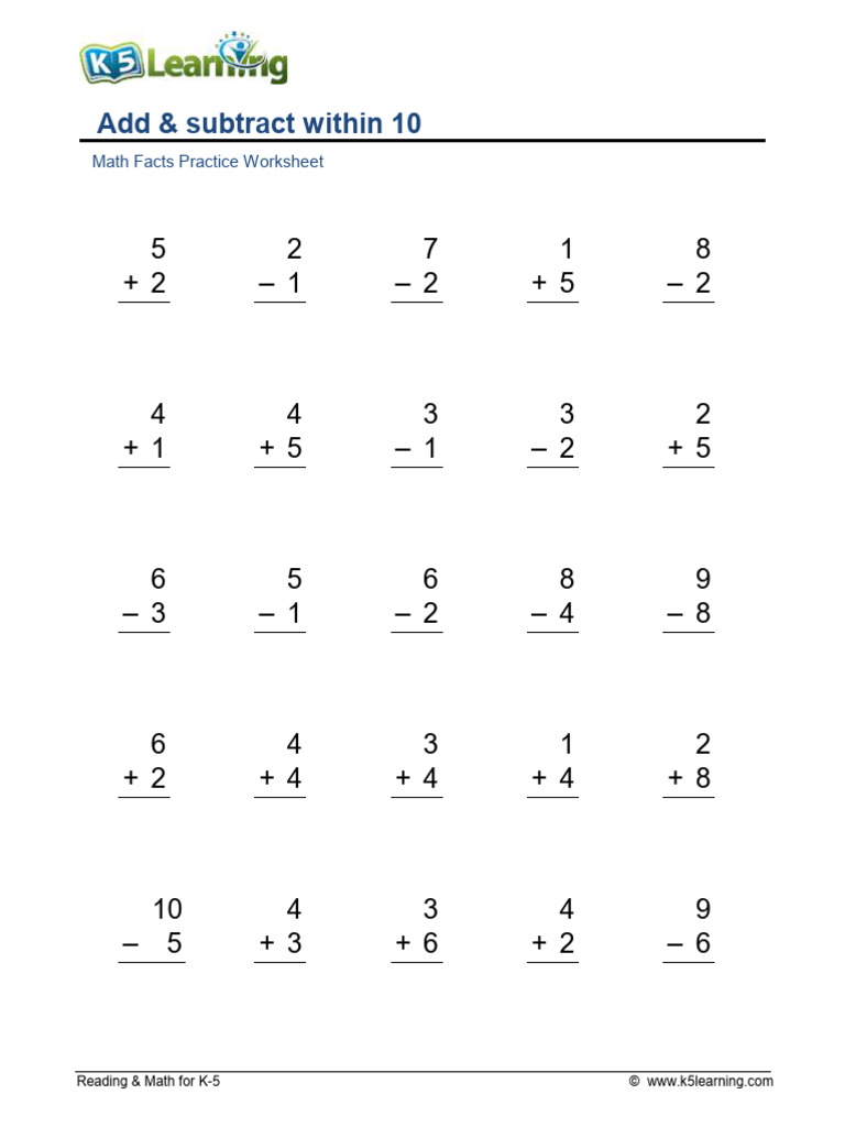 Addition and Subtraction Facts Worksheet | PDF