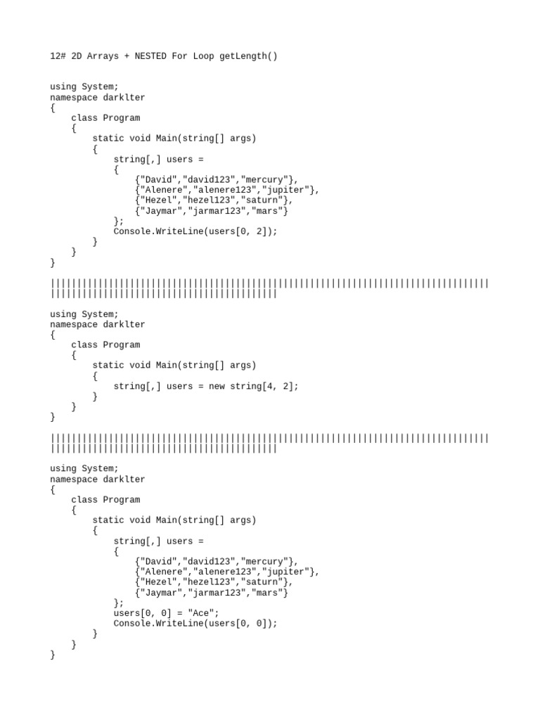 12# 2D Arrays + NESTED For Loop getLength() | PDF | Namespace ...