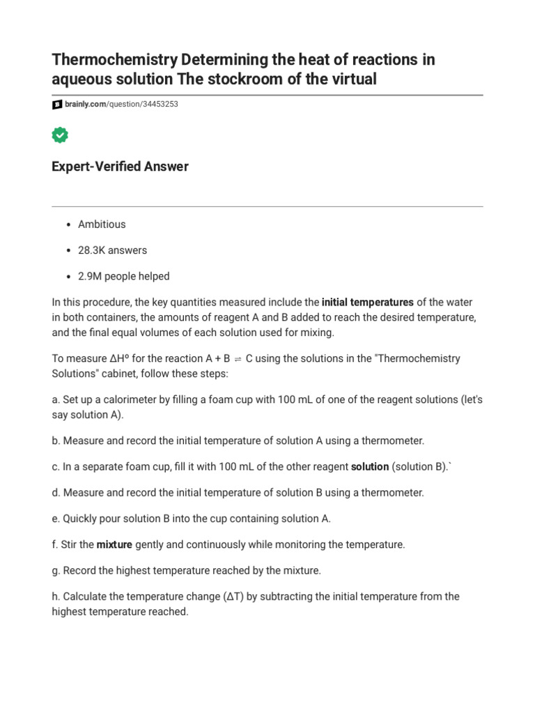 Thermochemistry Determining The Heat of Reactions in Aqueous Solution ...