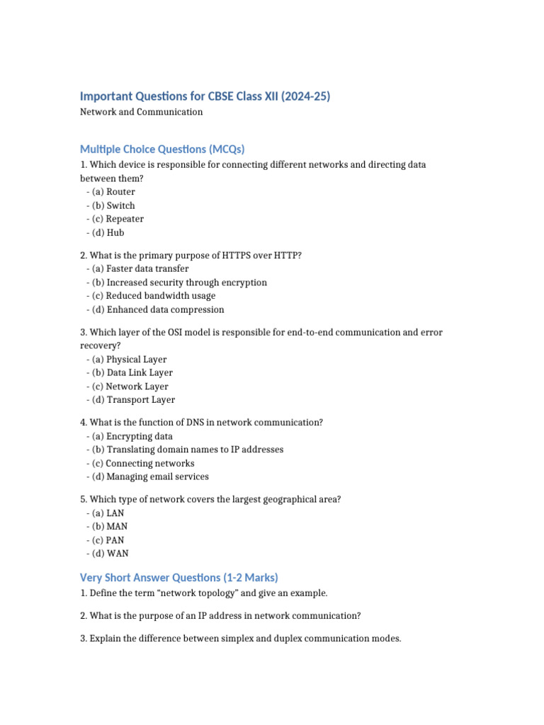 Important Questions For CBSE Class XII Network Communication | PDF | Computer Network | Internet ...