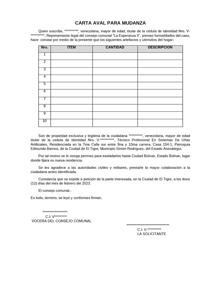 Carta Aval para Mudanza | PDF