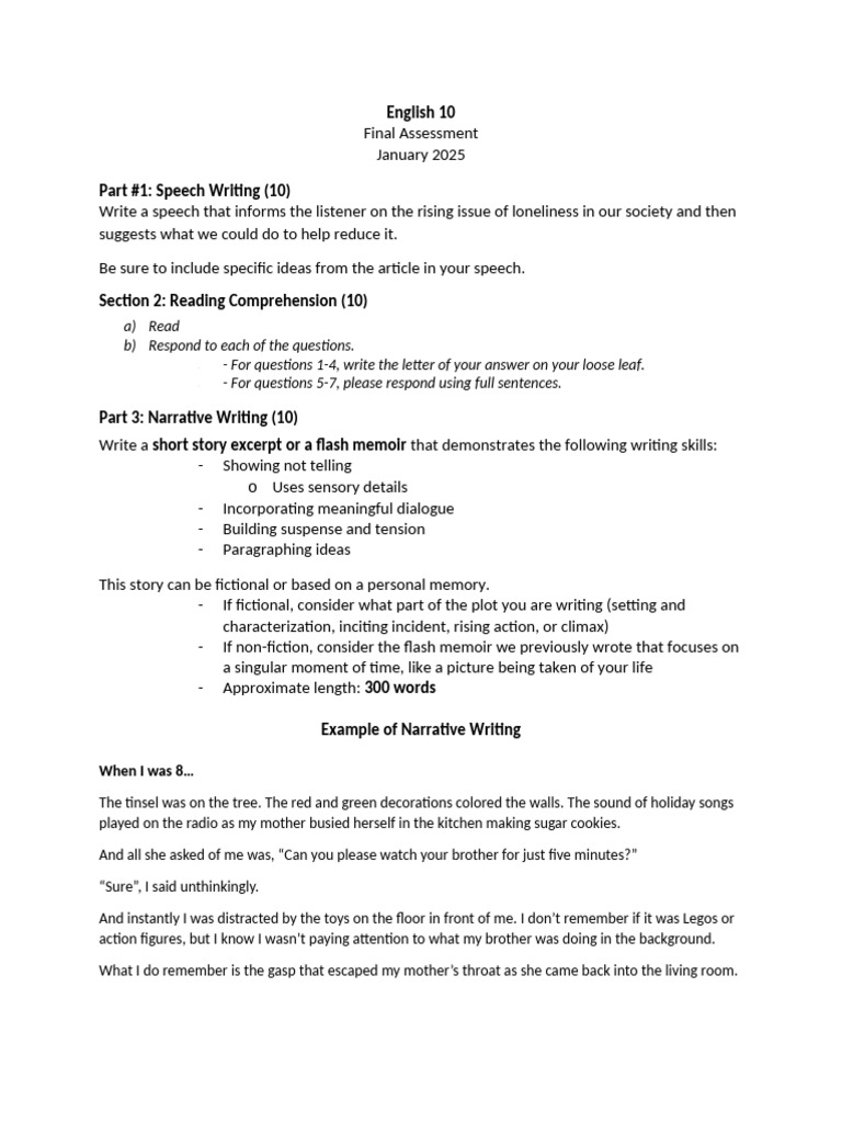English 10 Exam Overview | PDF | Reading Comprehension