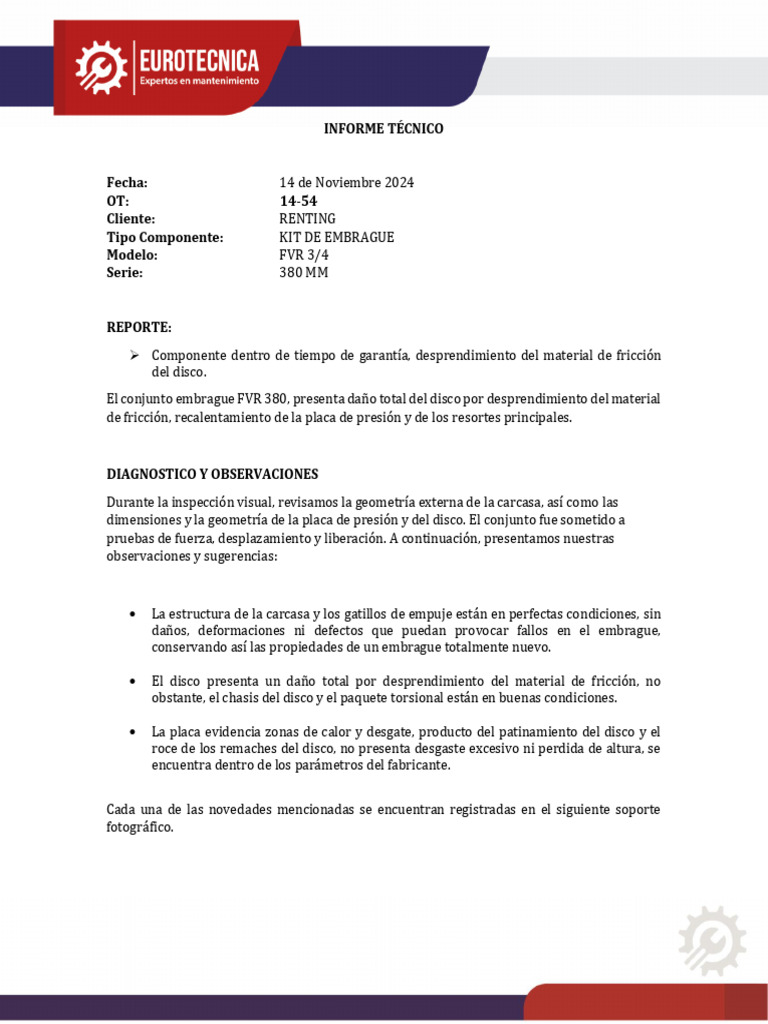 Inf 14-54 Garantia Embrague FVR | PDF | Embrague