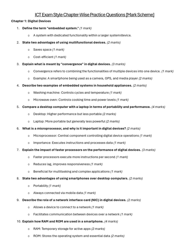 ICT Exam Style Chapter-Wise Practice Questions (Mark Scheme) | PDF ...