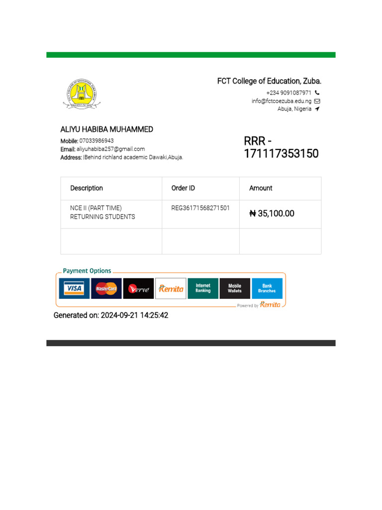 FCT College Payment Receipt Details | PDF