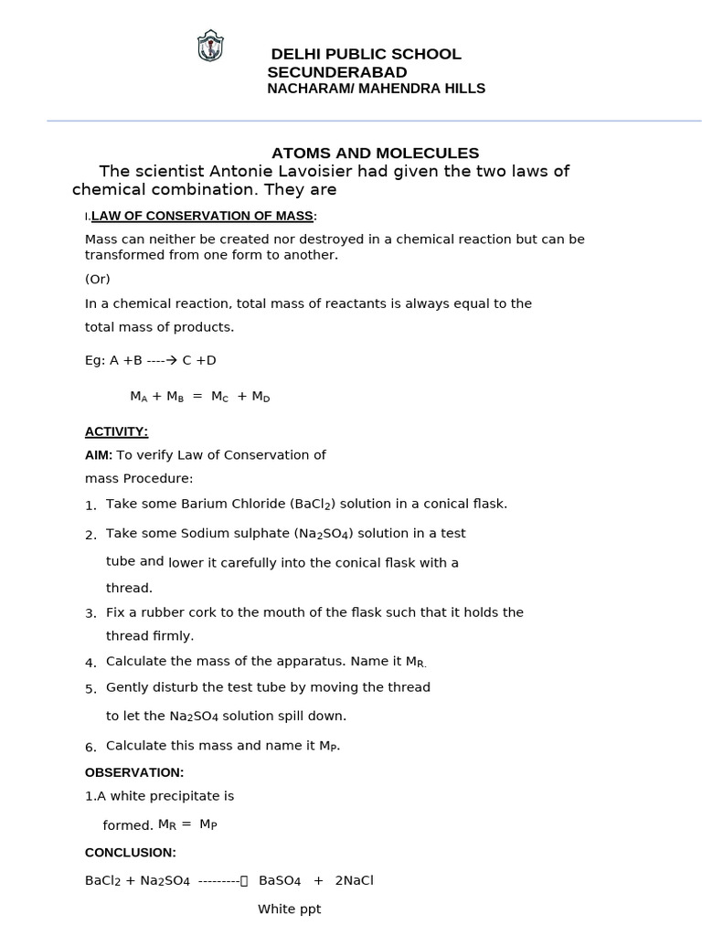 23-24-Class 9-Atoms and Molecules-Notes PDF | PDF | Ion | Atoms