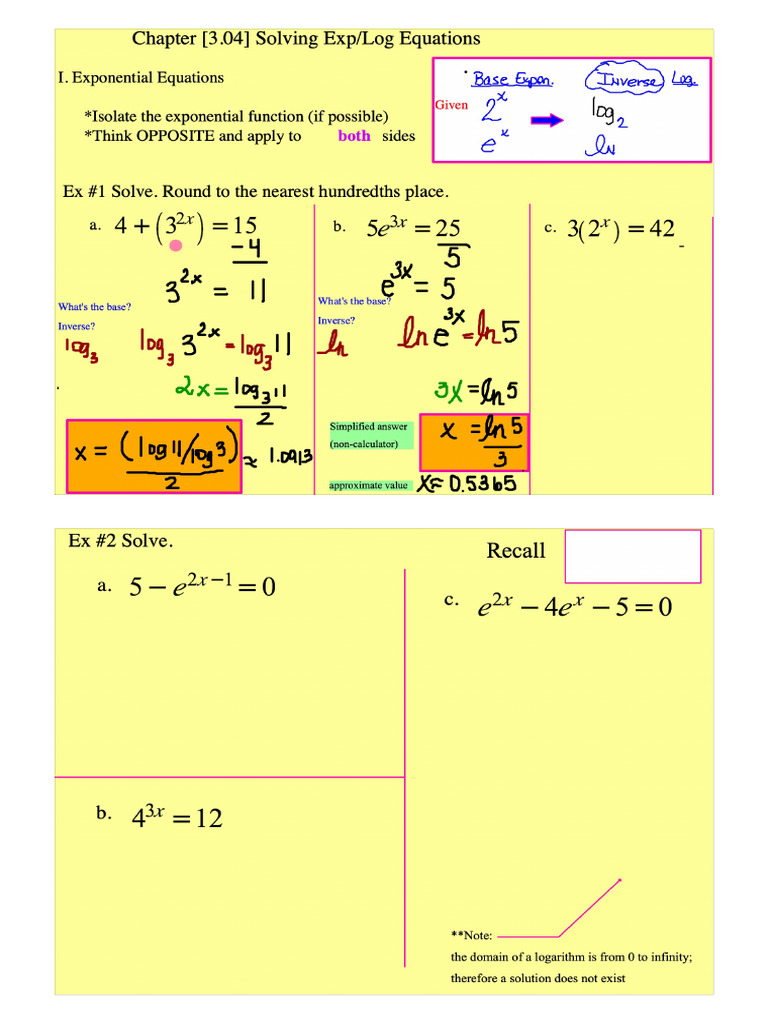 3.04 Solving Exp, Logarithm Equations | PDF