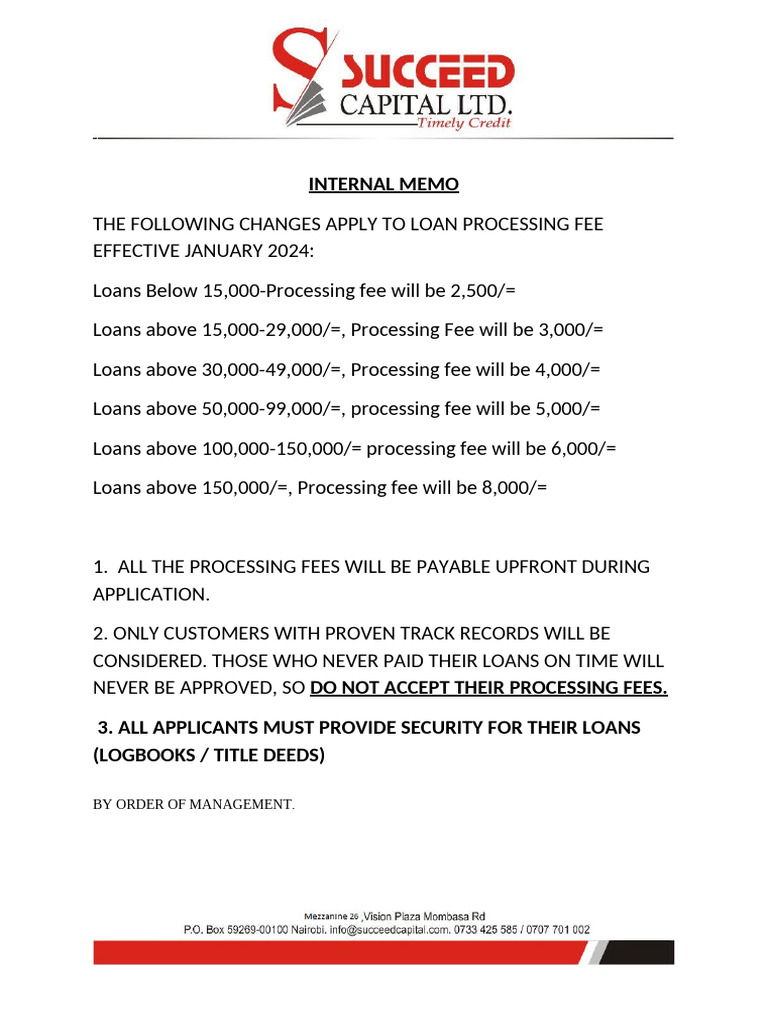 Loan Processing Fee MEMO | PDF