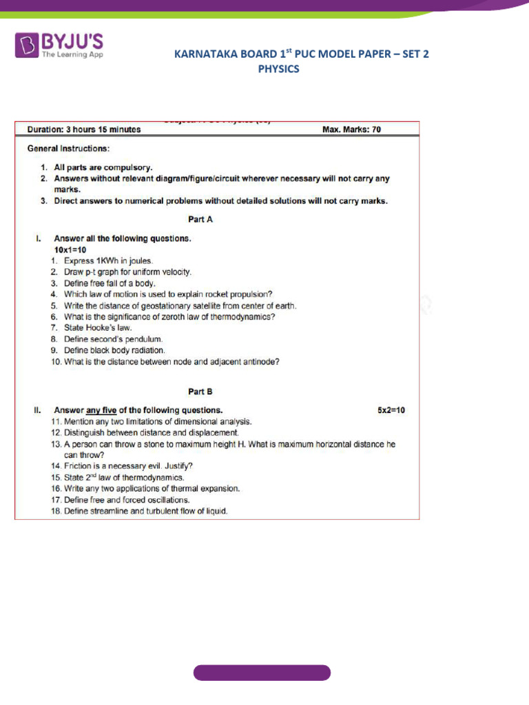 Karnataka 1st PUC Physics Model Paper | PDF