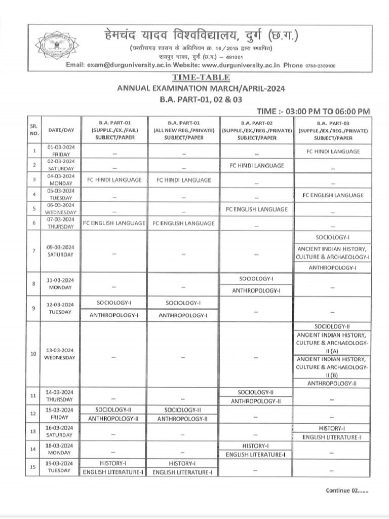 BA Anual Exam Time Table | PDF