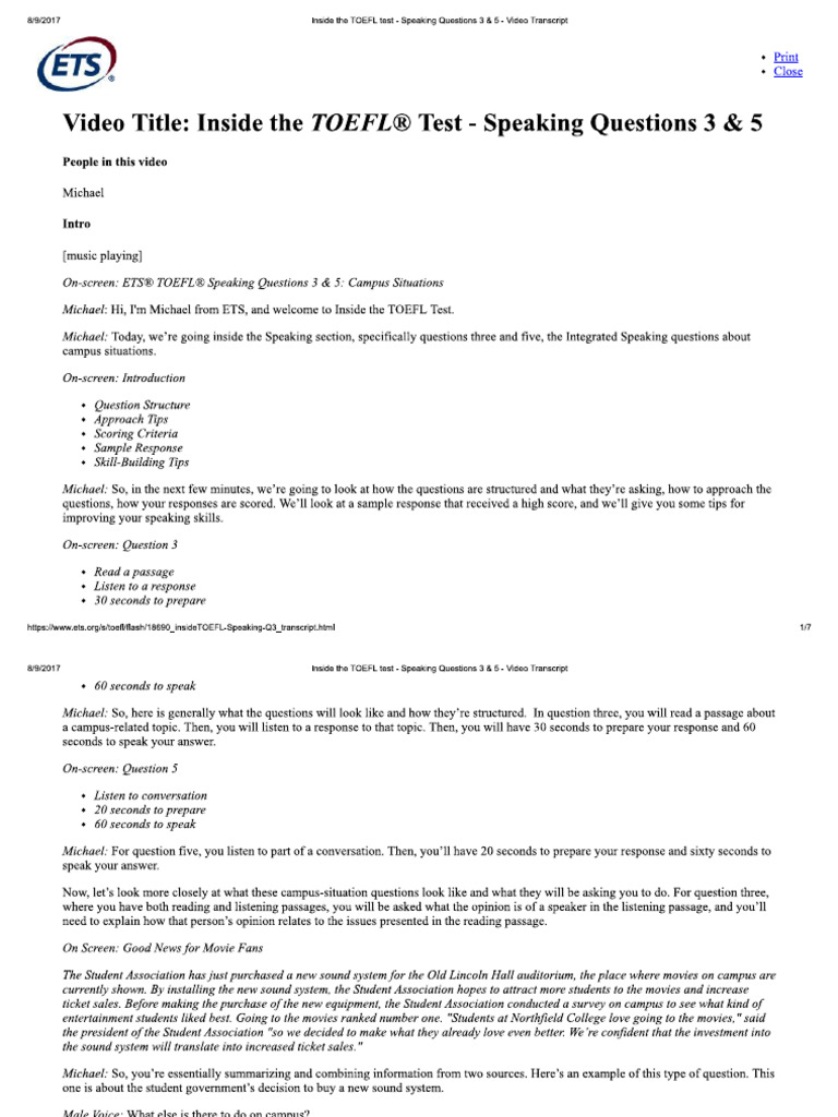 Inside The TOEFL Test Speaking Question 3 and 5 | PDF