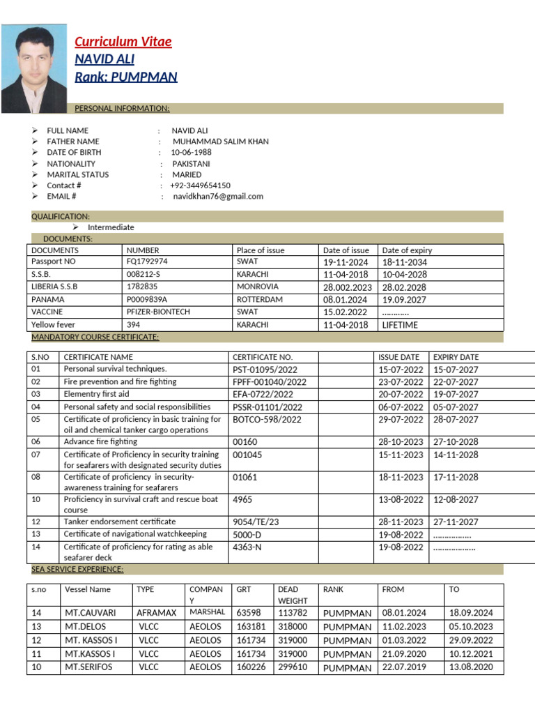 pumpman cv.vlcc experience | PDF | Merchant Navy | Ships
