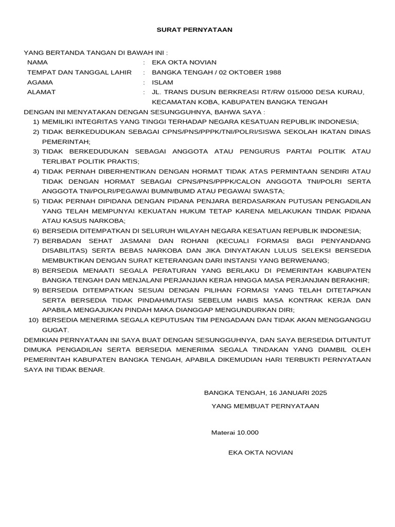 revSURAT PERNYATAAN 10 POIN Eka Okta Novian | PDF