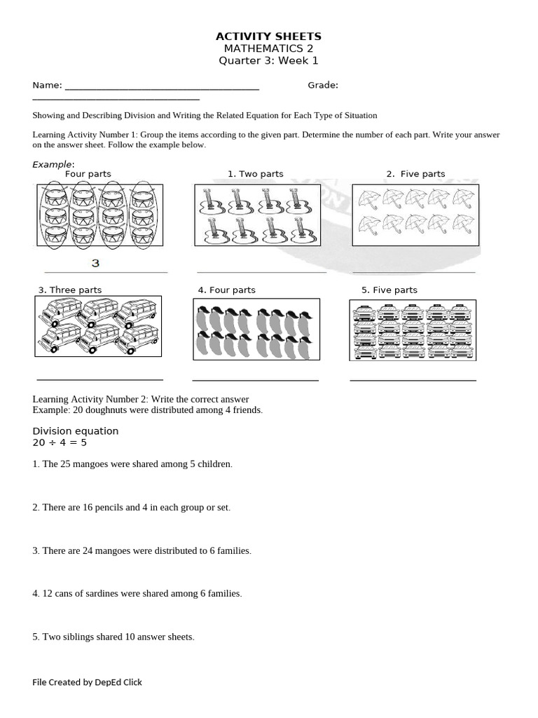 Division Activities for Grade 2 Math | PDF