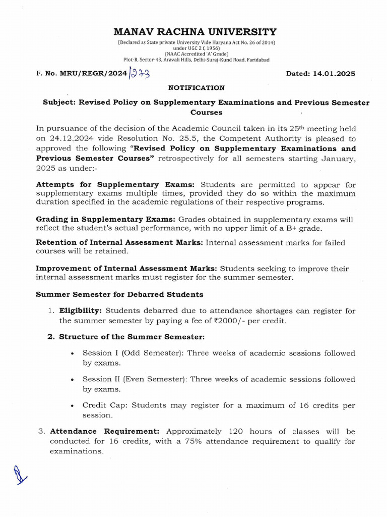 Revised Policy On Supplementary Examination and Previous Semester ...