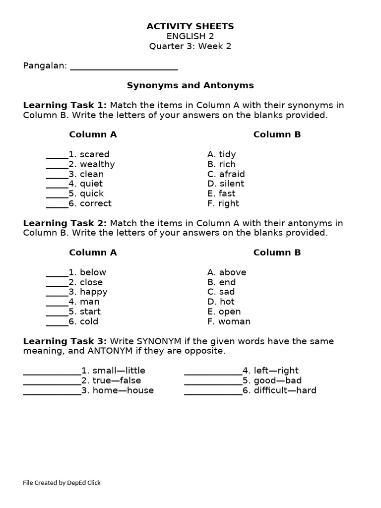 ENGLISH 2 Activity Sheet Q3 W2 | PDF
