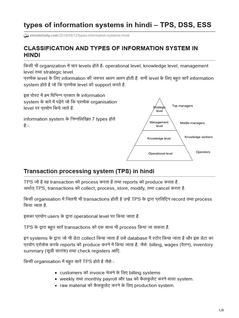 Types of Information Systems in Hindi TPS DSS ESS | PDF