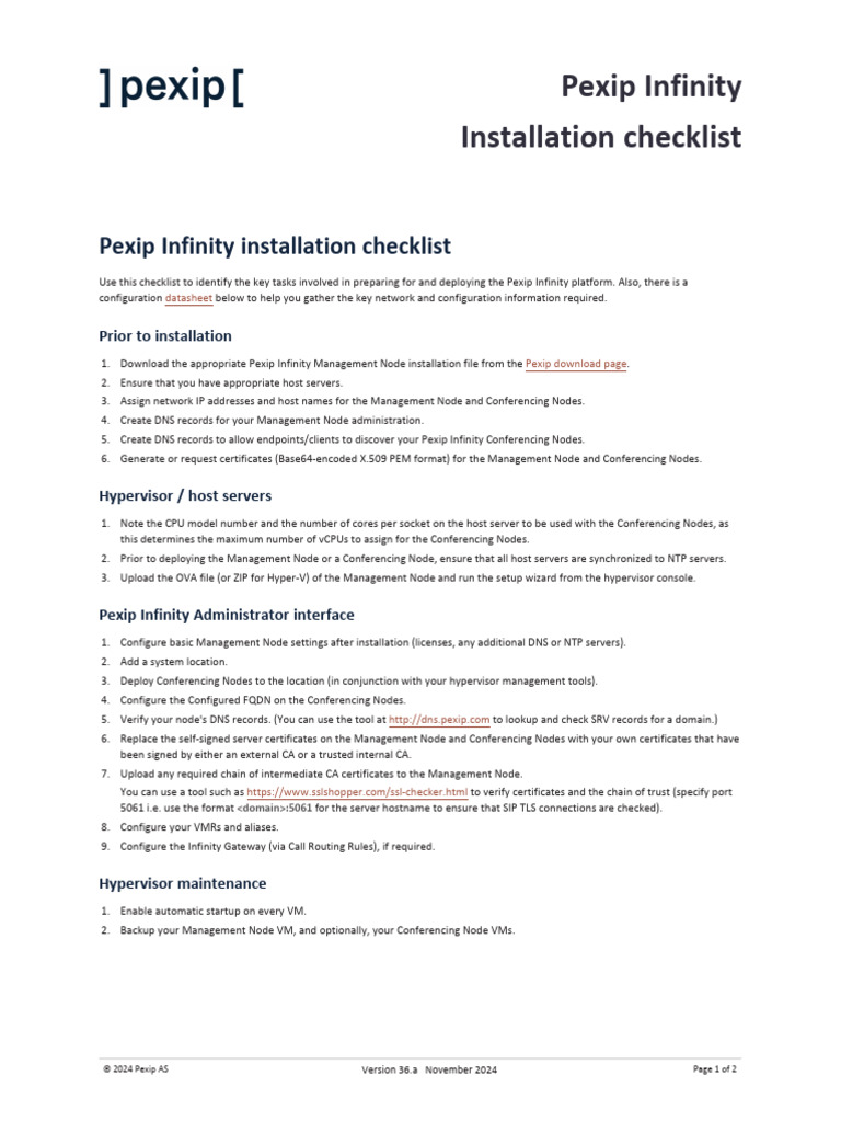 Pexip Infinity Installation Checklist V36.a | PDF | Domain Name System | Public Key Certificate