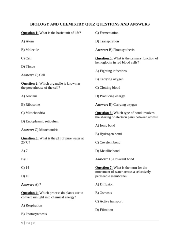 Biology and Chemistry Quiz PDF | PDF | Chemical Bond | Biology
