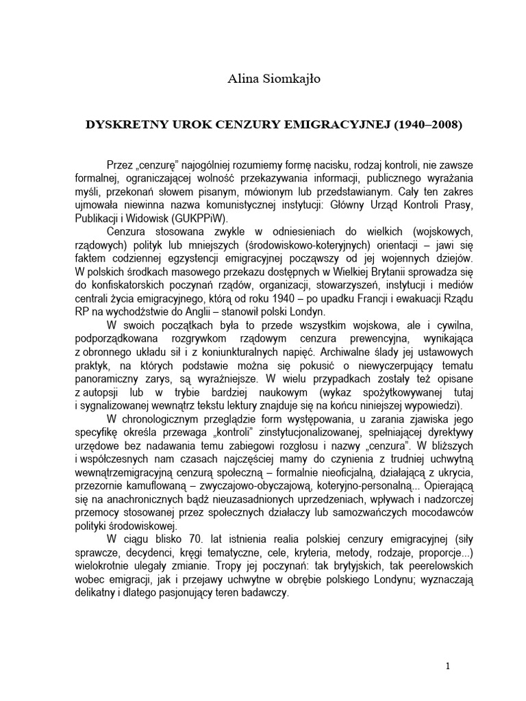 Dyskretny Urok Cenzury Emigracyjnej Siomkajło | PDF
